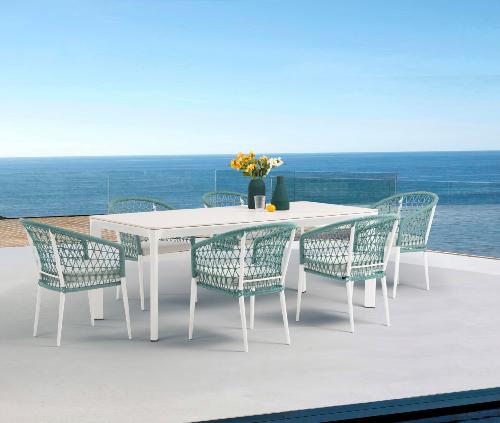 Silla comedor Neilan en aluminio blanco con cuerda náutica azul claro ...